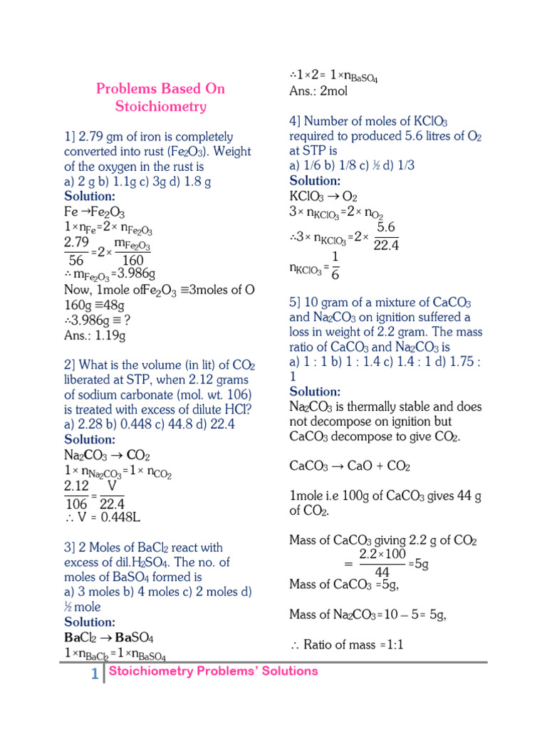 Stoichiometry Problems' Solutions | PDF