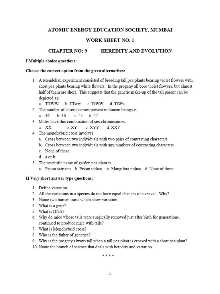 Heredity Worksheet for Class 10 | PDF | Heredity | Genetics