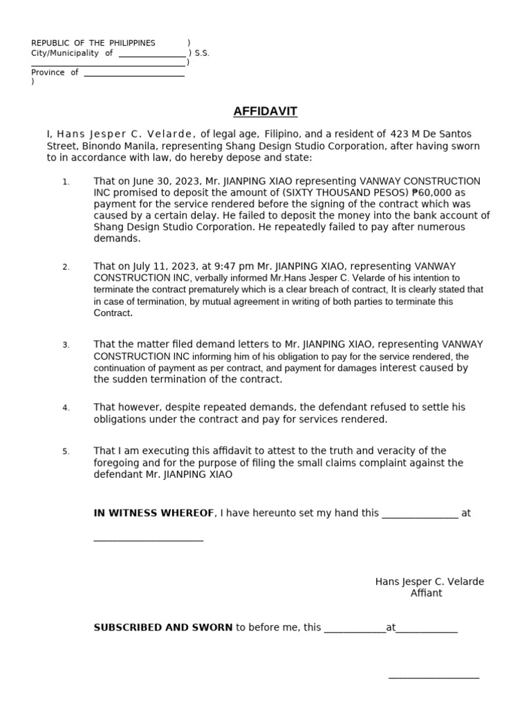 Affidavit BREACH OF CONTRACT | PDF | Affidavit | Business Law