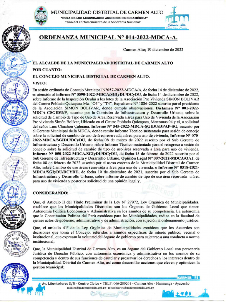 Ordenanza Municipal #014-2022-MDCA PDF | PDF