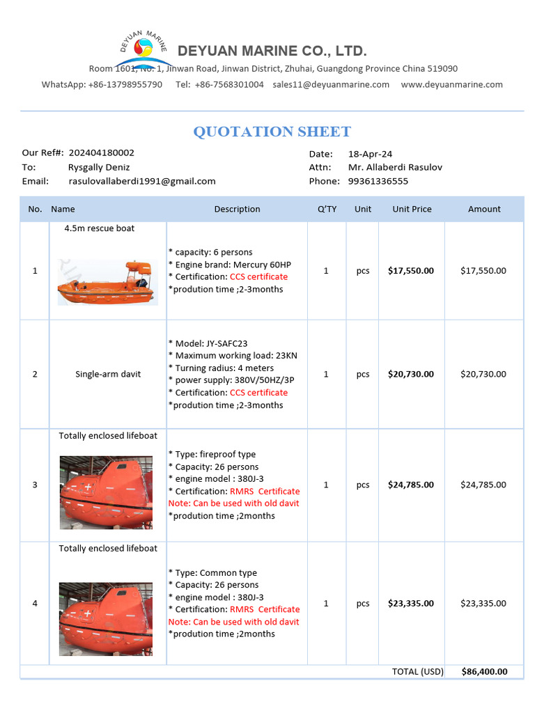 Quotation of rescue boat and lifeboat - Deyuan Marine-Viki | PDF | Ship ...