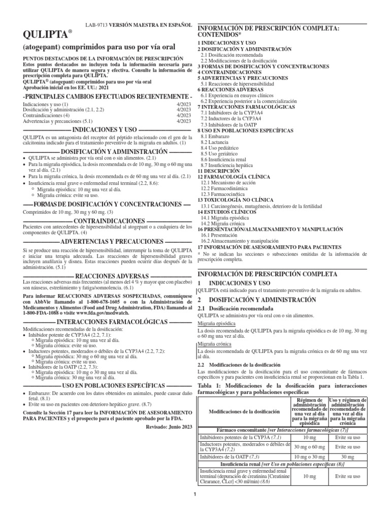 Qulipta Pi Spa | PDF | Medicamentos con receta | Migraña