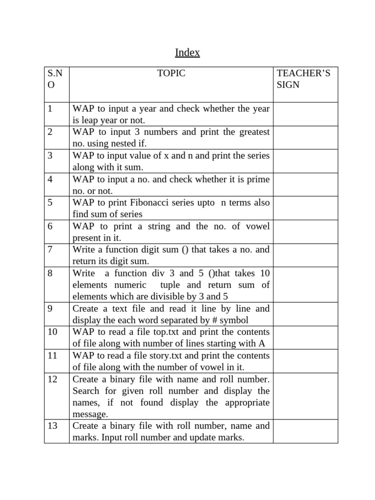 Index Xii Practical | PDF