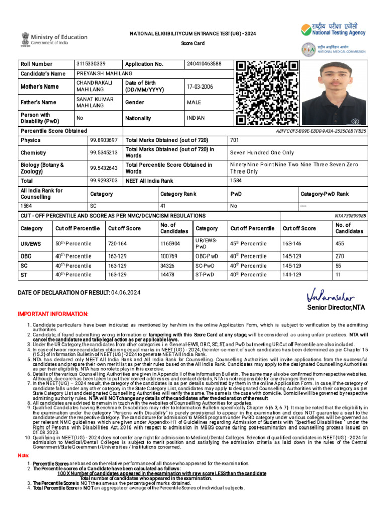 Neet - Ntaonline.in - Frontend - Web - Scorecard - Index - PREYANSH ...
