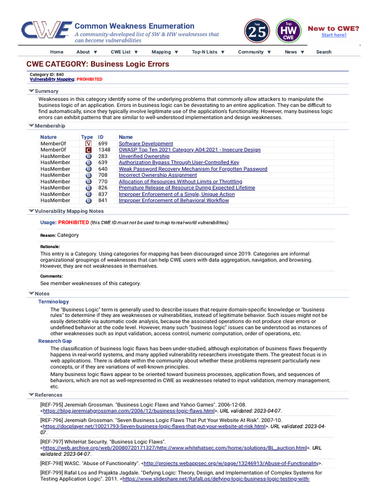 CWE - CWE-840 - Business Logic Errors (4.15) | PDF | Vulnerability ...