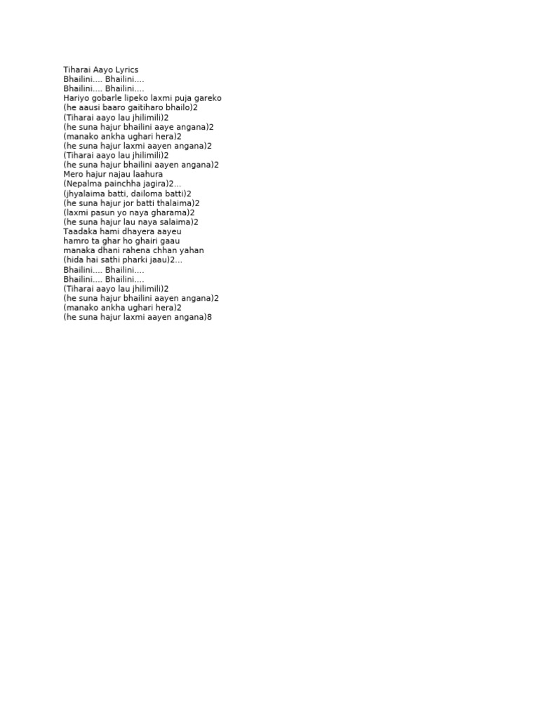 Tiharai Aayo: Bhailini Lyrics | PDF | Foreign Language Studies