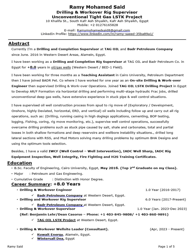Ramy Mohamed Resume (DSV - Drilling Engineer) PDF | PDF | Oil Well | Casing (Borehole)