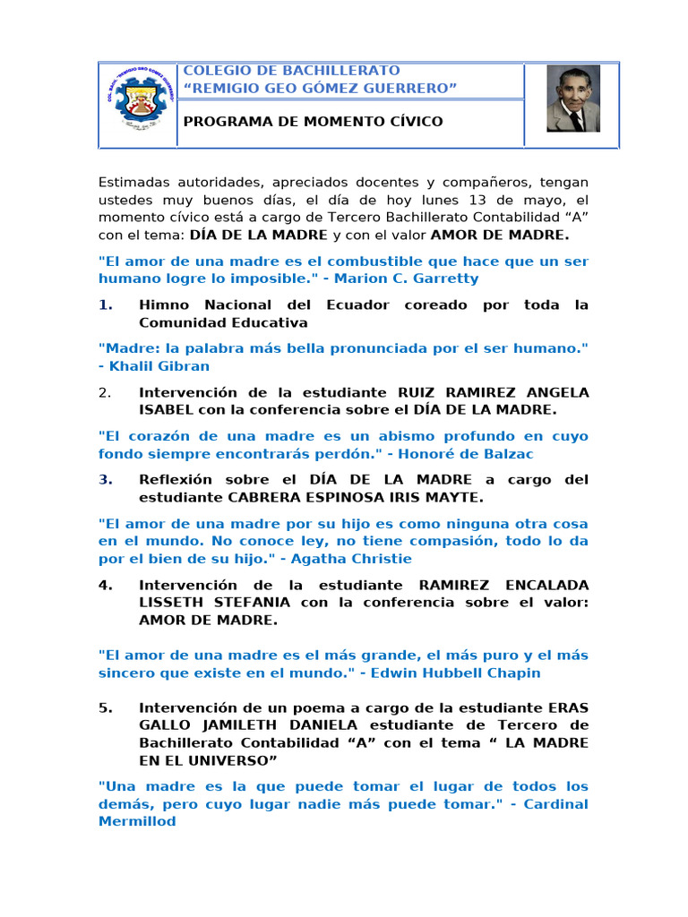 Programa de Momento Cívico Dia de La Madre 13-05-2024 | PDF | Amor