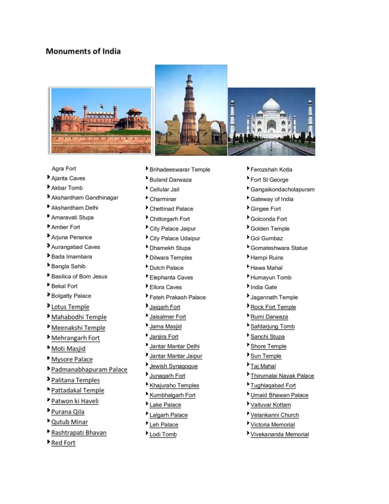 Top 50 Monuments of India Chart | PDF