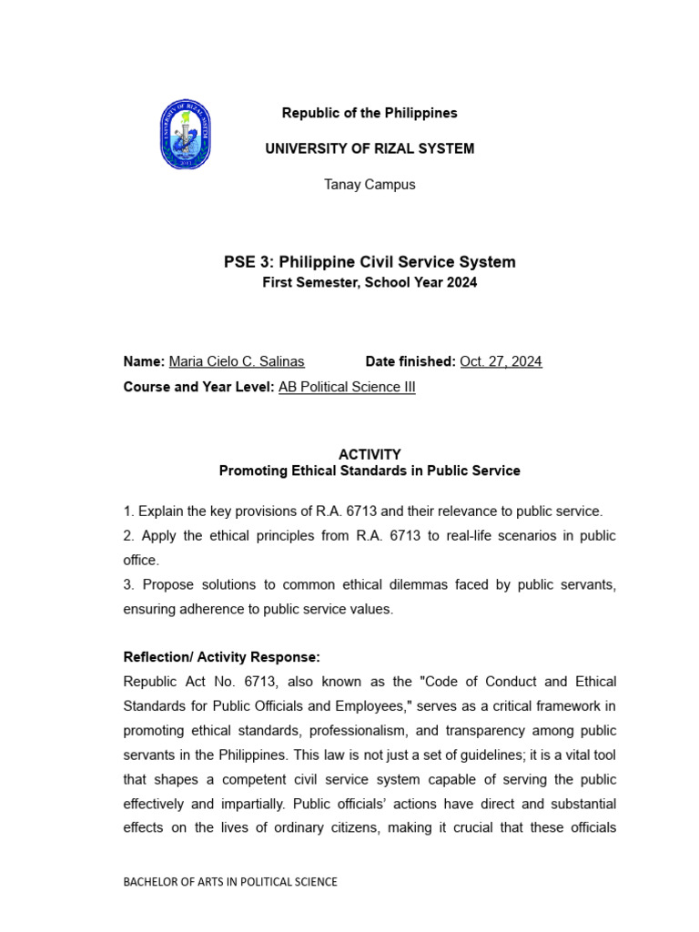 PSE 3, Act. 2 - Promoting Ethical Standards in Public Service | PDF ...