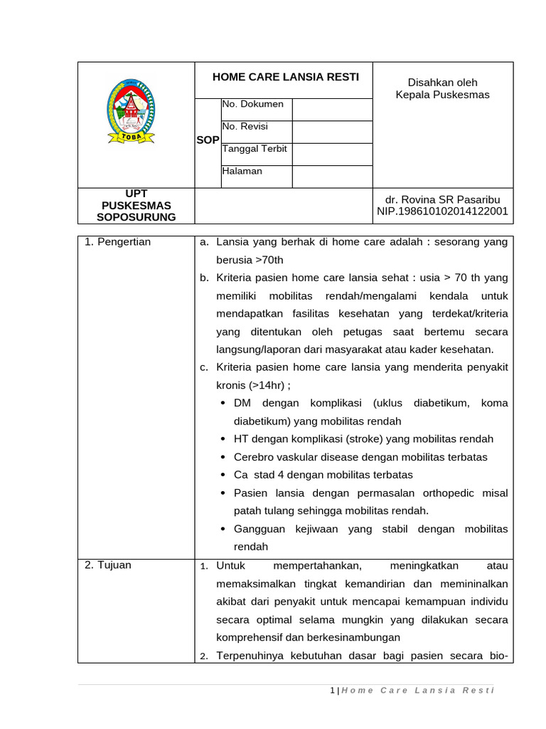 SOP HOME CARE LANSIA RESTI 2024 UPT Puskesmas Soposurung | PDF