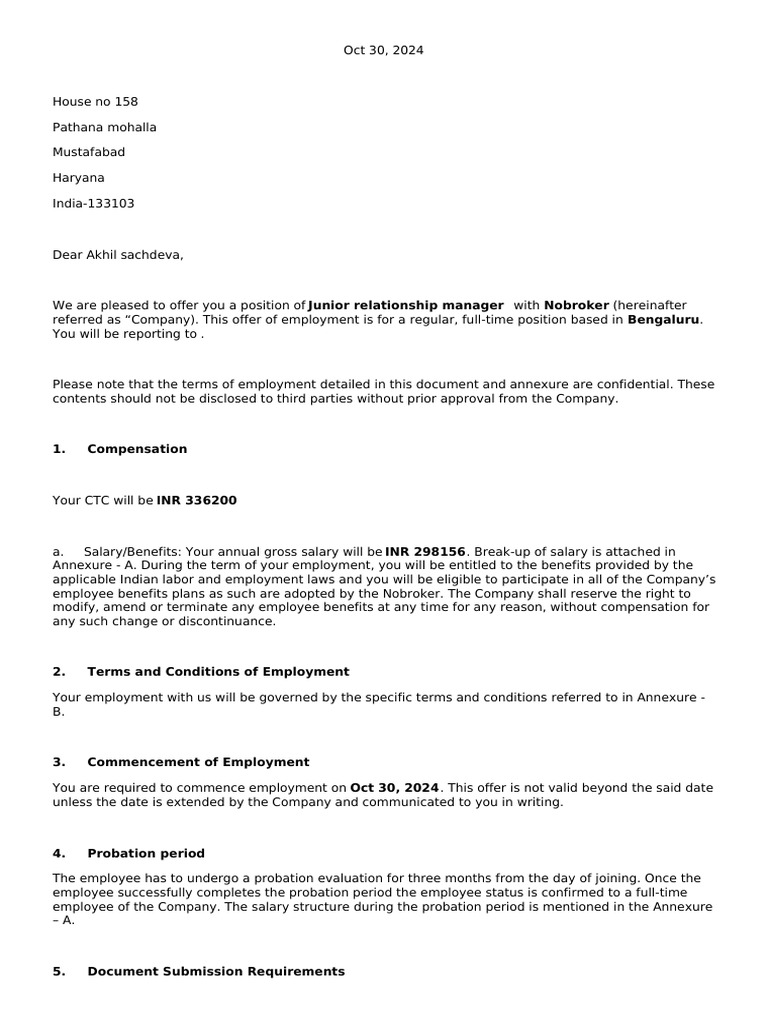 Junior Relationship Manager Offer Letter | PDF | Employment | Business Law