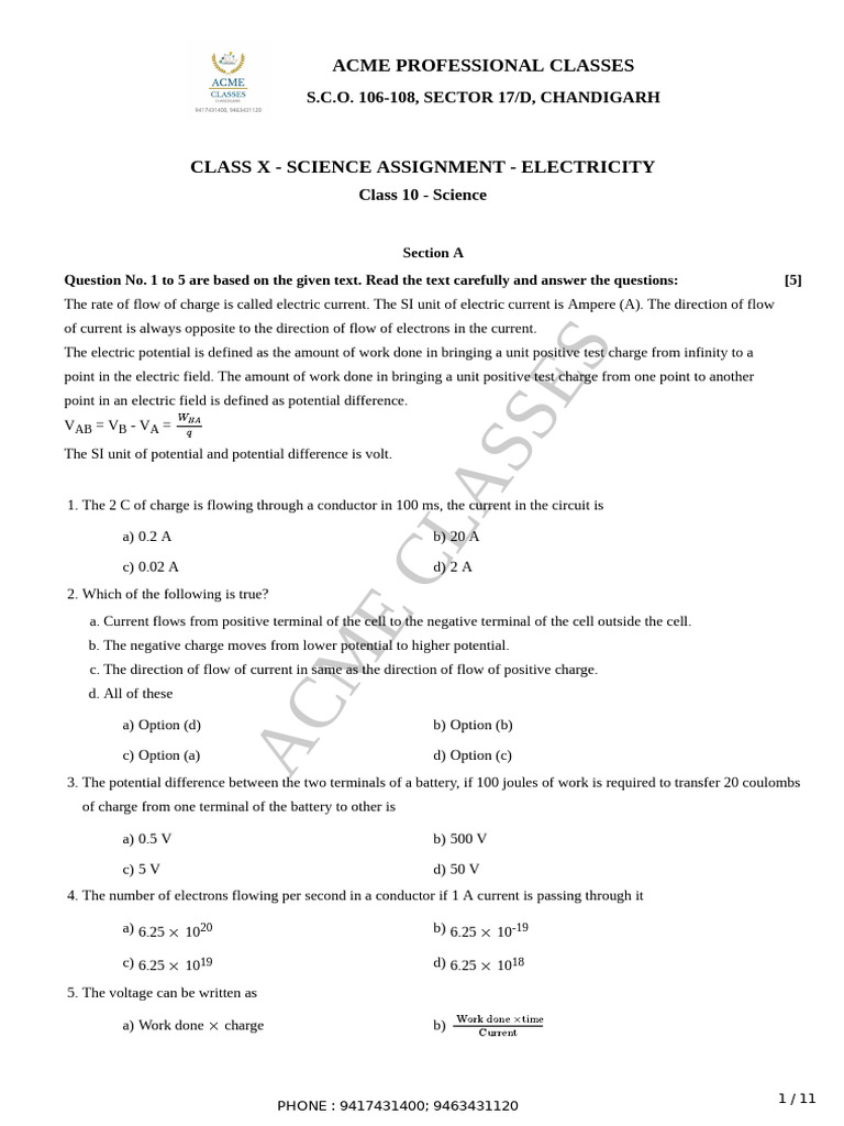 Class 10 Electricity Assignment | PDF | Electrical Resistance And ...