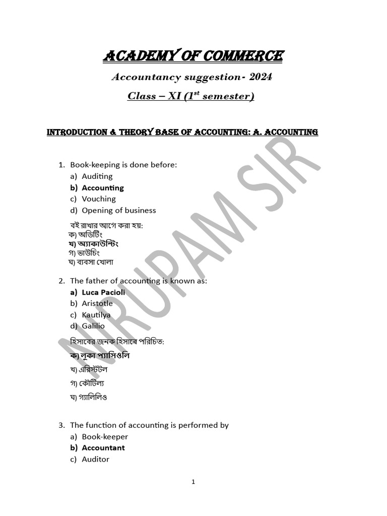 Class XI Accountancy Suggestion | PDF