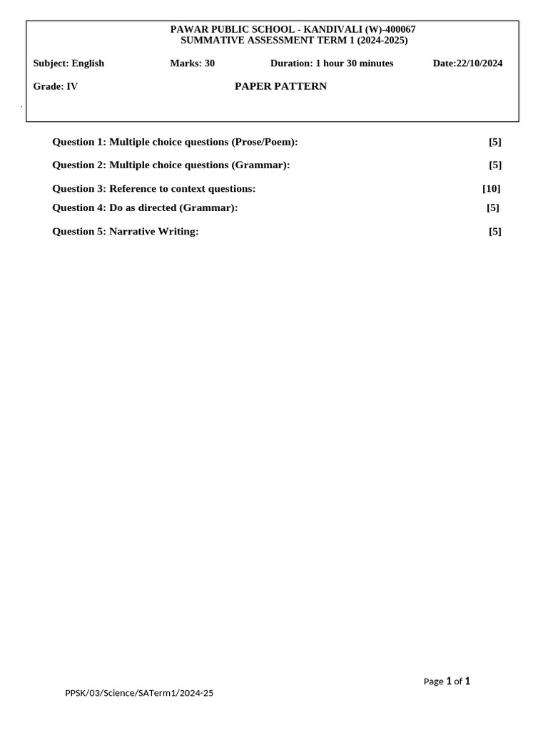 Class 4 English Paper Pattern 2024-25 | PDF