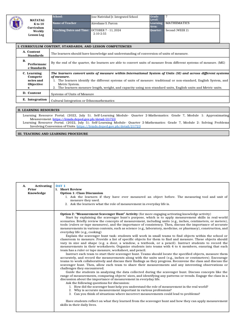 DLL Matatag - Mathematics 7 Q2 W2 | PDF | Gallon | Measurement
