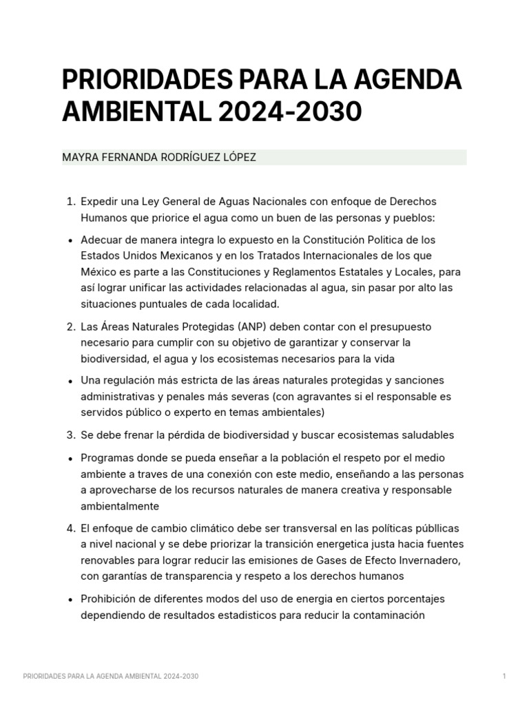 PRIORIDADES_PARA_LA_AGENDA_AMBIENTAL_2024-2030. Mayra Rodriguez | PDF | Entorno natural | Agua