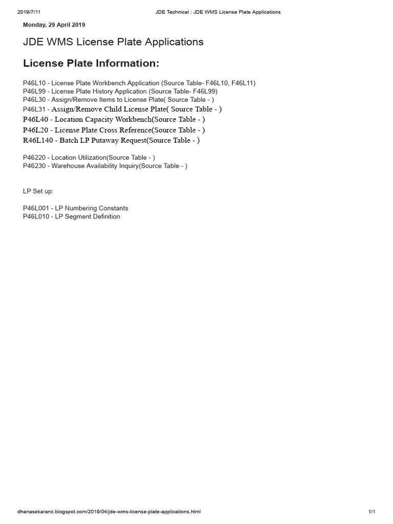 JDE Technical - JDE WMS License Plate Applications | PDF