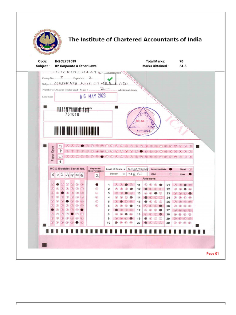 CA Intermediate - Answersheet (Law) | PDF