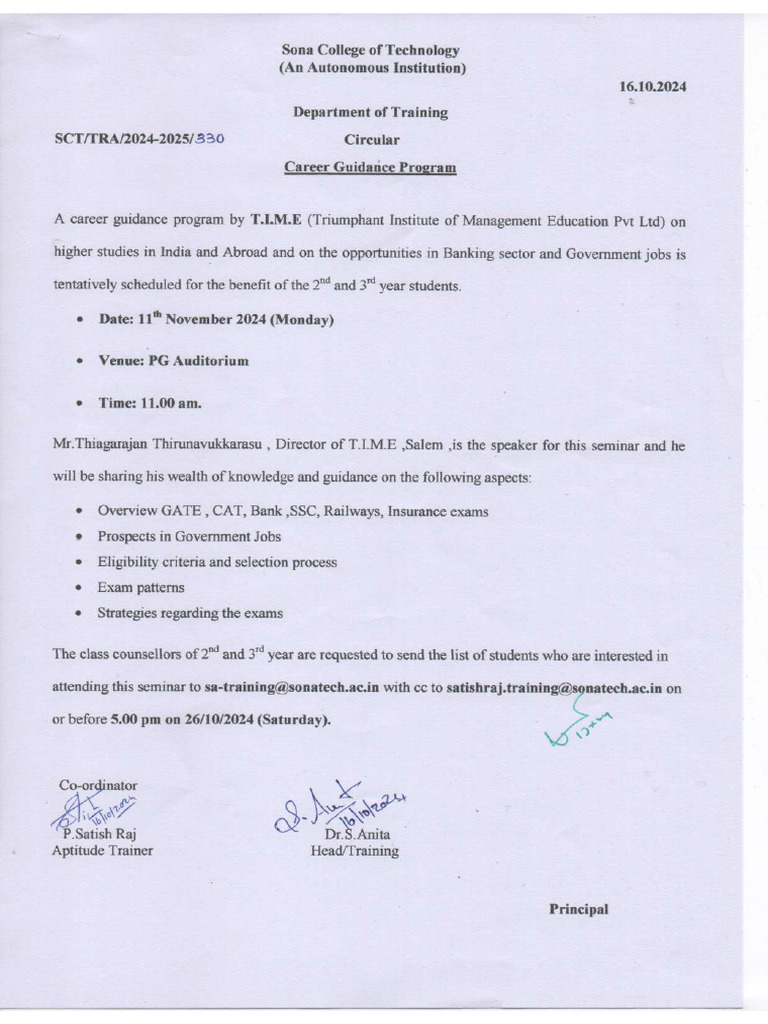 T.I.M.E Career Guidance Programme - Circular | PDF