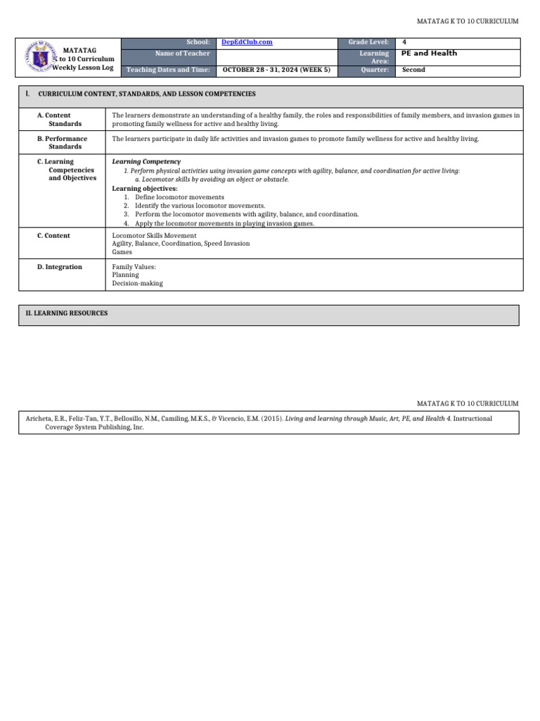 DLL Matatag - Pe & Health 4 q2 Week5-6 | PDF | Wellness