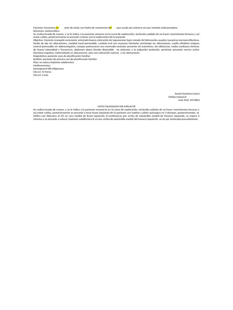 Colocación de Implante Subdérmico | PDF | Salud y bienestar | Ciencia y ...