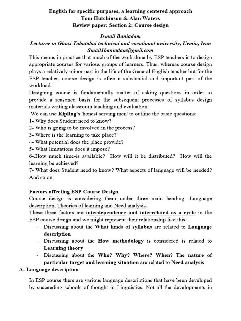 English For Specific Purposes A Learning | PDF | Learning | Linguistics
