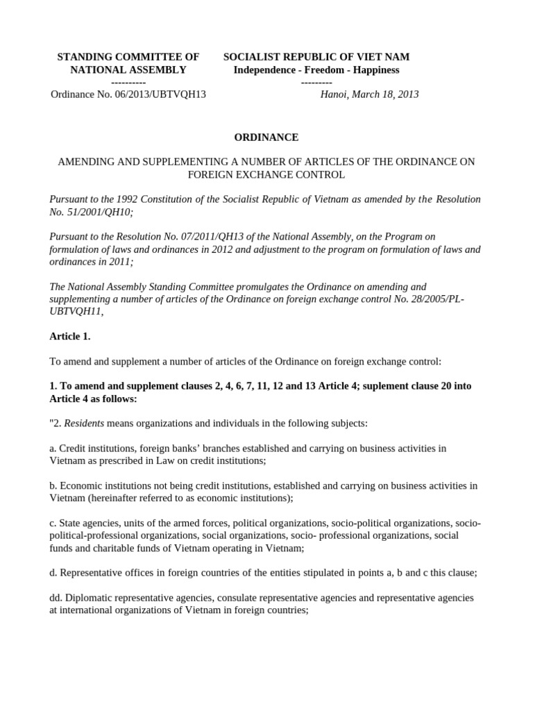 Amendments to Foreign Exchange Control Ordinance | PDF | Banks | Loans