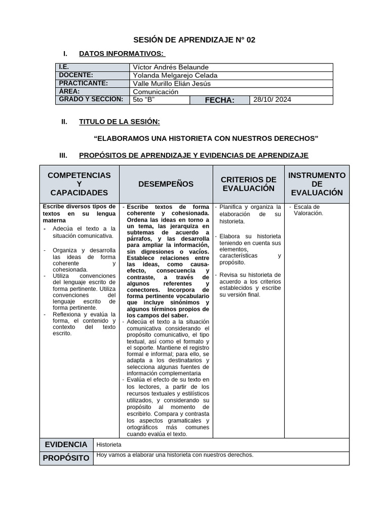 Sesión de Aprendizaje - Elaboramos Una Historieta | PDF | Evaluación | Aprendizaje