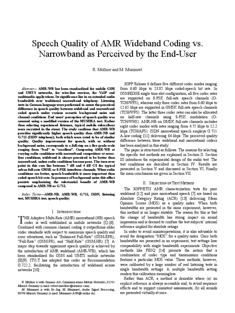 AMR-WB vs. AMR-NB Speech Quality Study | PDF | Telecommunications ...