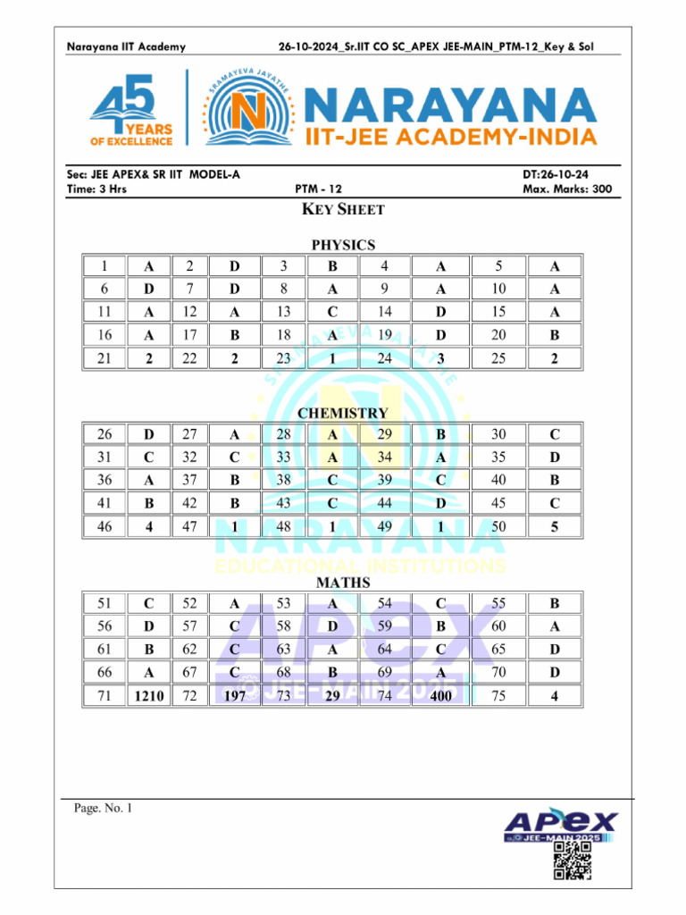 26-10-2024 - SR IIT - JEE APEX - Jee Main MODEL - PTM-12 - KEY&SOL | PDF