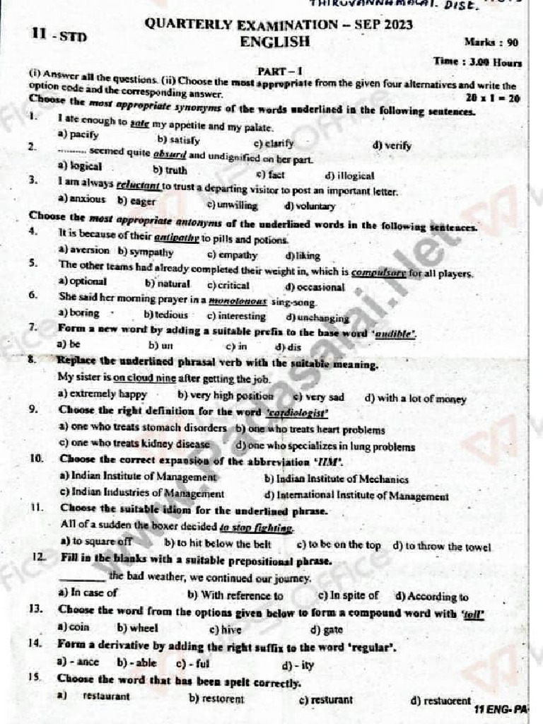 11th English Quarterly Exam 2023 Answer Keys Thiruvannamali District ...