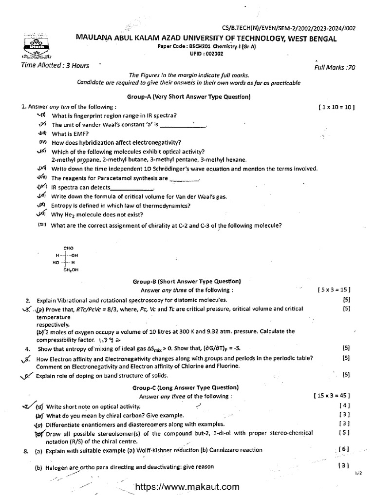 Btech 2 Sem Chemistry 1 Bsch201 2024 | PDF