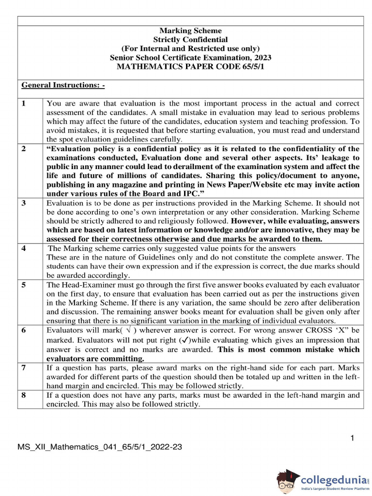 CBSE Class 12 Math Evaluator Key | PDF