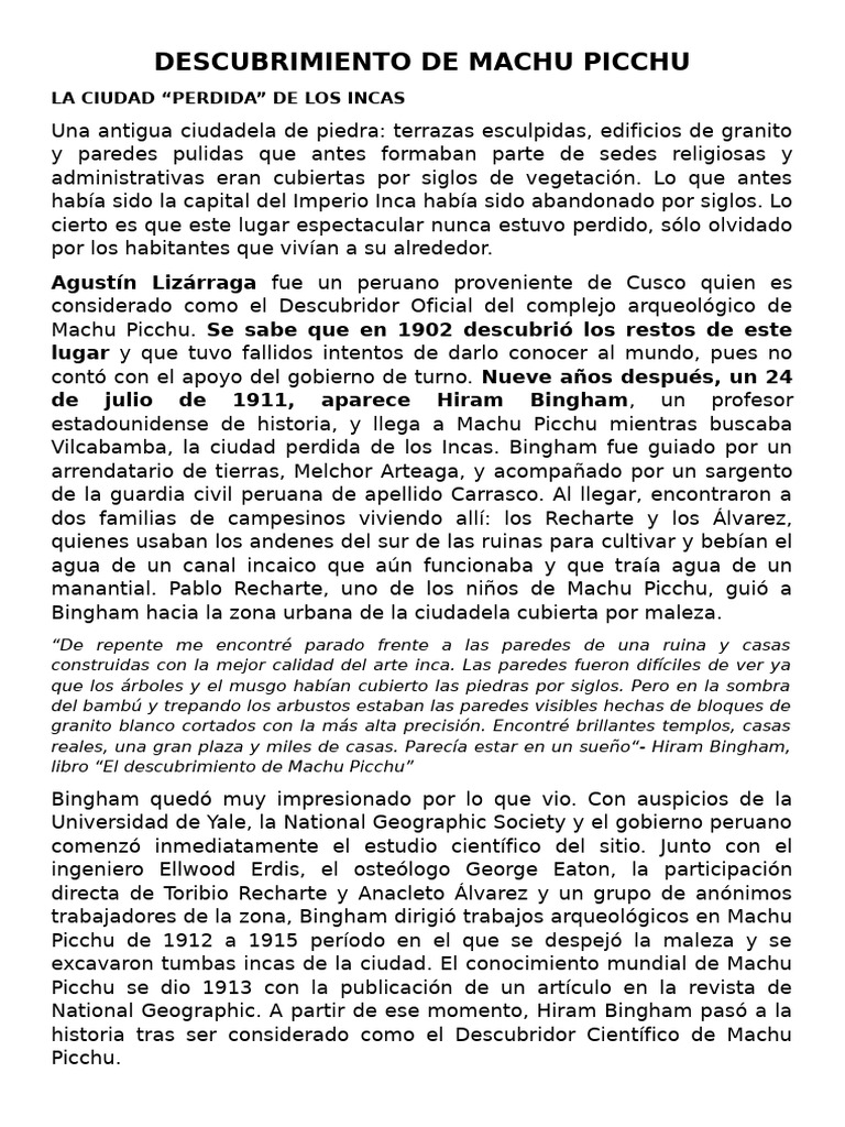 Descubrimiento de Machu Picchu | PDF
