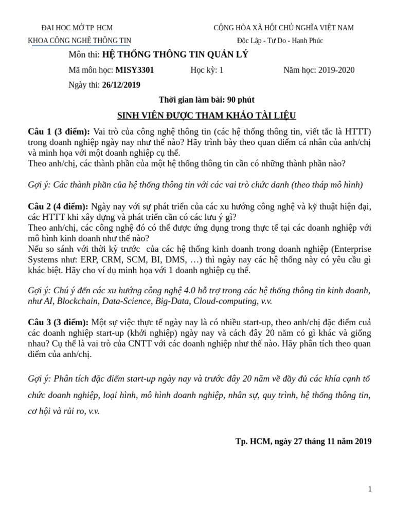 DeThi HTTTQL HK1 19 20 | PDF