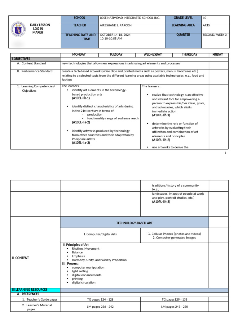 Grade 10 Arts Week 3 | PDF | Camera | Learning