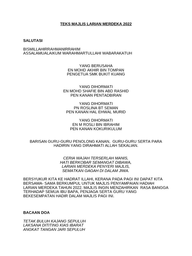 Teks - Ucapan MC Majlis Larian Merdeka | PDF