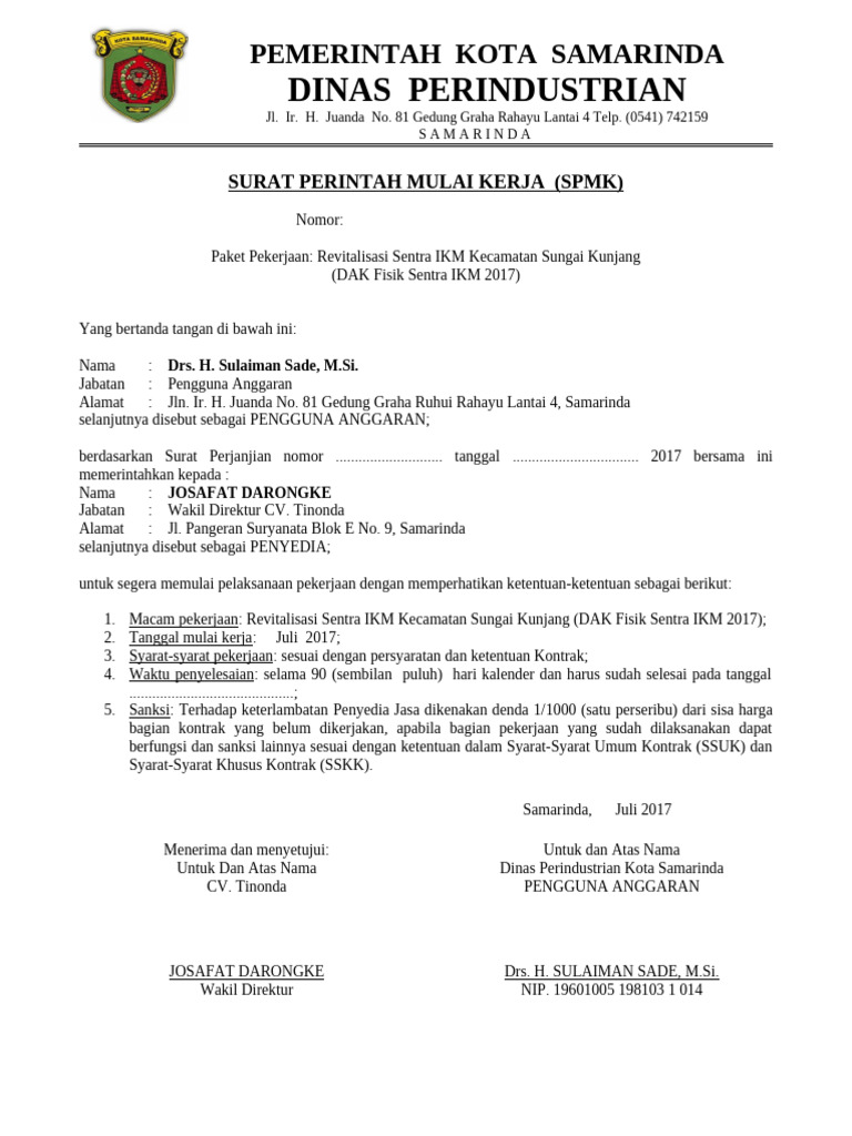 Contoh Draft Surat Perintah Mulai Kerja | PDF | Bisnis