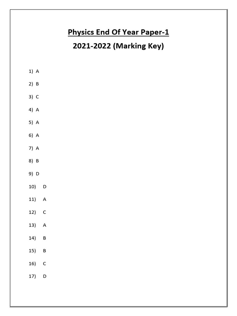 Physics Paper-1 End of Year Paper 2021-2022 Marking Key | PDF