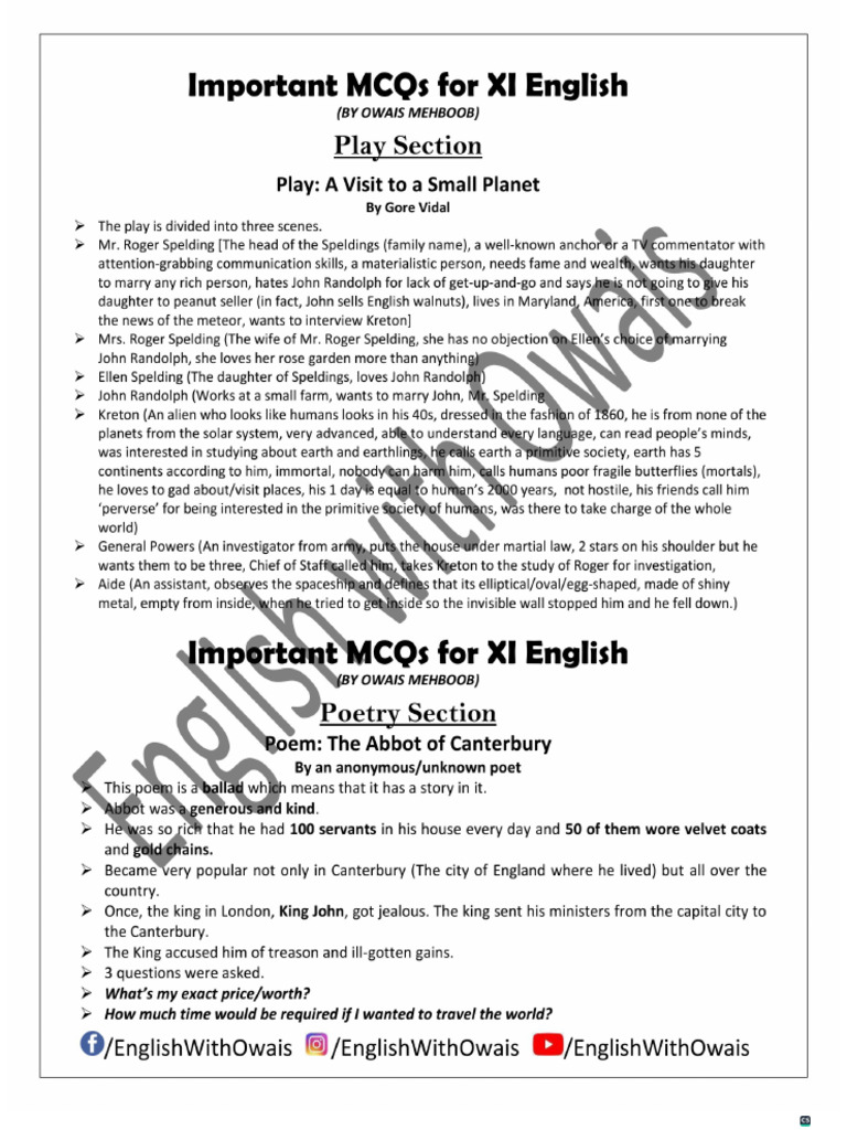 XI MCQs by Owais Mehboob | PDF