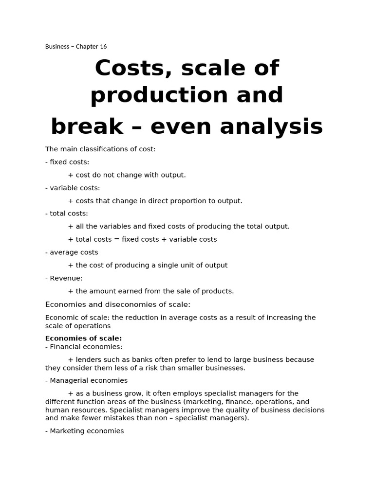 Chapter 16 Costs, Scale of Production and Break - Even Analysis | PDF ...