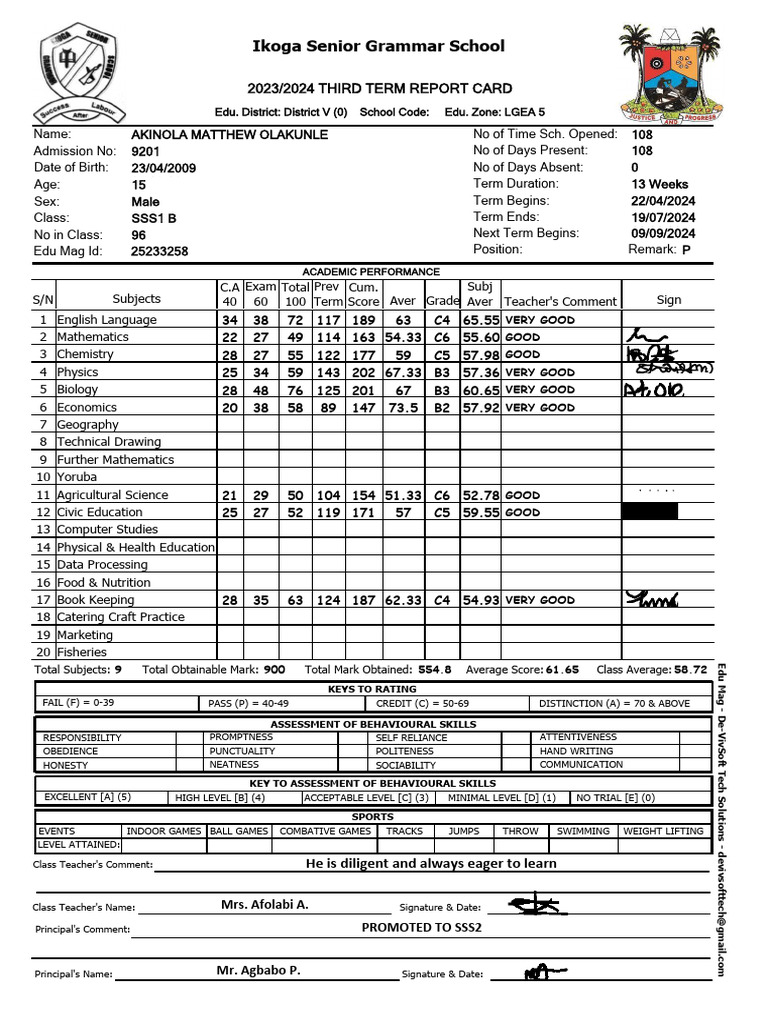 Ikoga Senior Grammar School Report Card | PDF