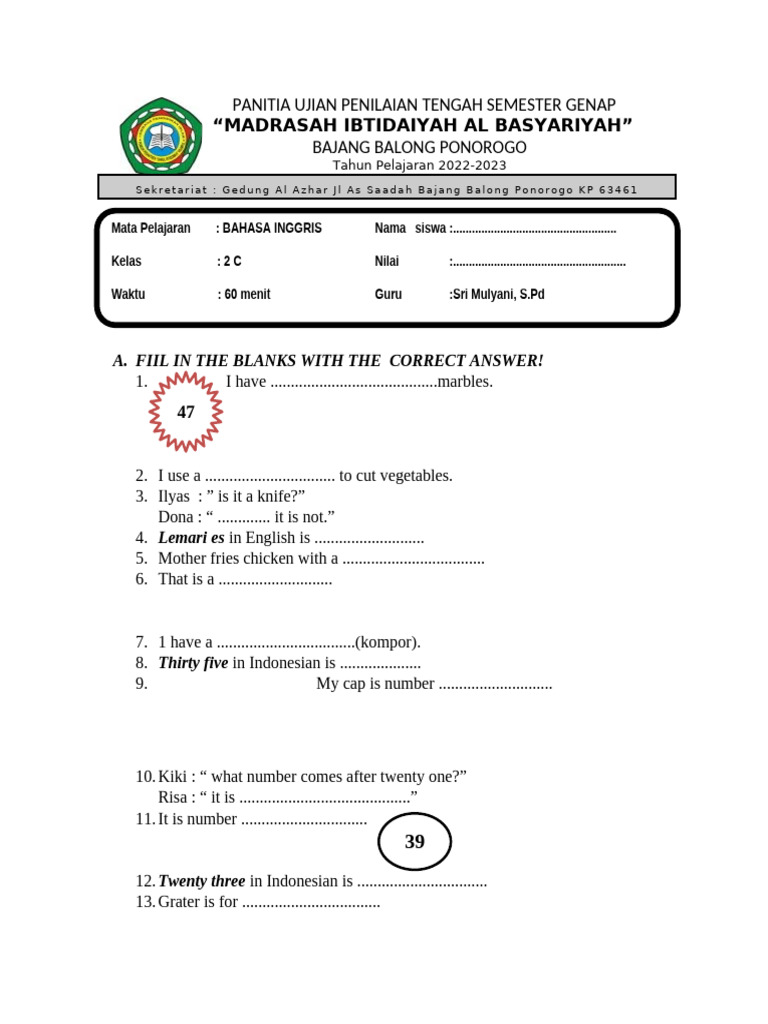 Inggris 2C Panitia Ujian Penilaian Tengah Semester Genap | PDF ...