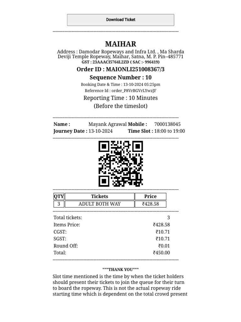 Maihar Ropeway Ticket Details | PDF