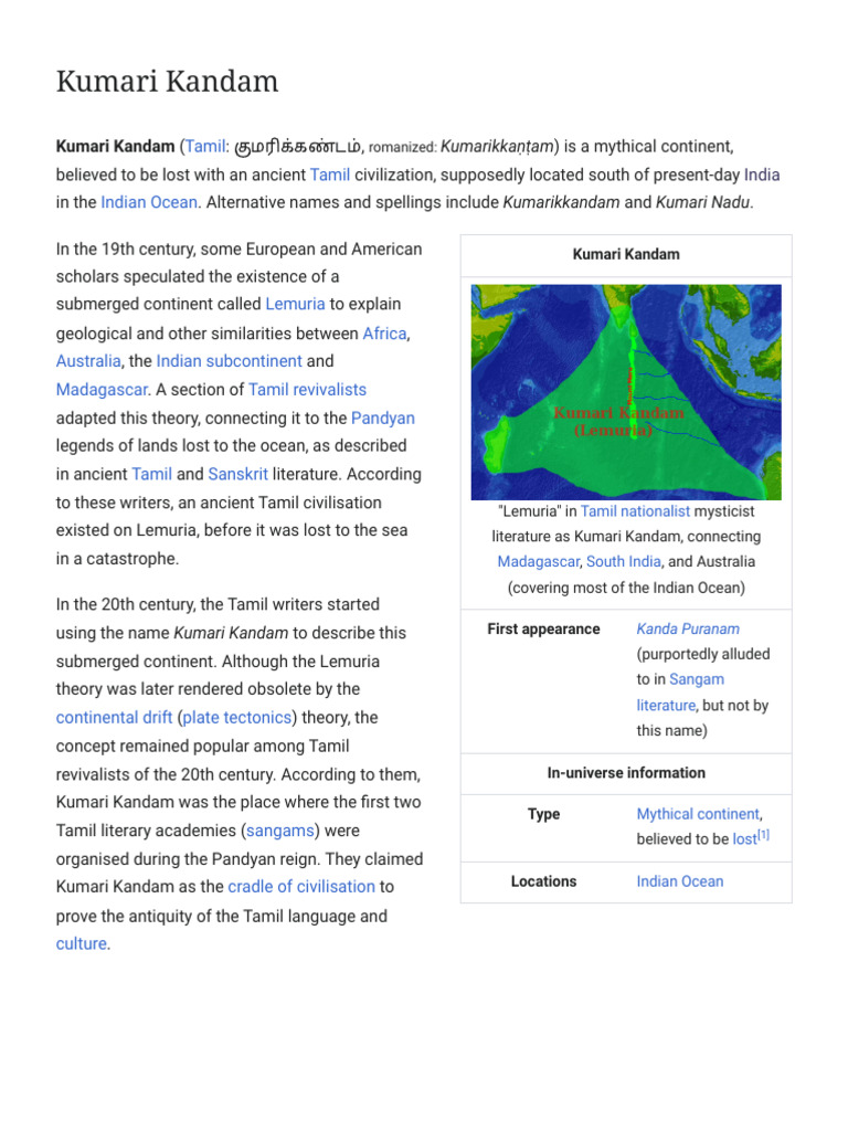 Kumari Kandam: Mythical Tamil Continent | PDF | Tamils | Tamil Nadu