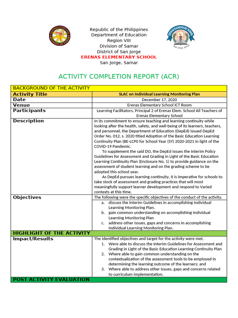 ACR (SLAC On Individual Learning Monitoring Plan) | PDF | Learning ...