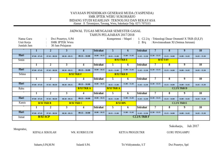 FORM JADWAL TUGAS MENGAJAR2018.sip | PDF