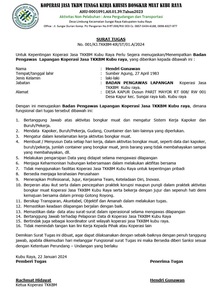 01 Surat Tugas Hendri Gunawan | PDF
