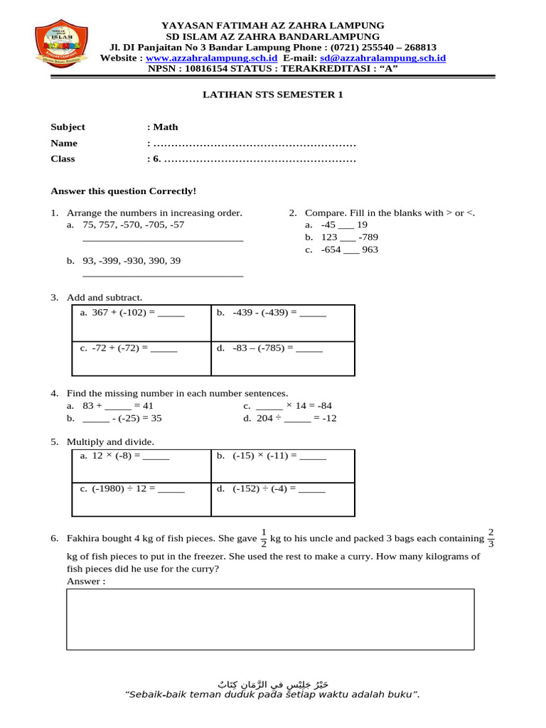 Latihan Soal STS Math Kelas 6 Semester 1 | PDF
